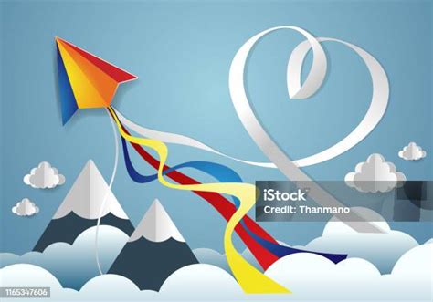 연의 종이 아트가 하늘을 날아 연 꼬리는 하트 모양이 됩니다 행복 한 발렌타인 데이와 사랑 축 하 개념 평면 및 디지털 공예 스타일 벡터 일러스트 연에 대한 스톡 벡터 아트