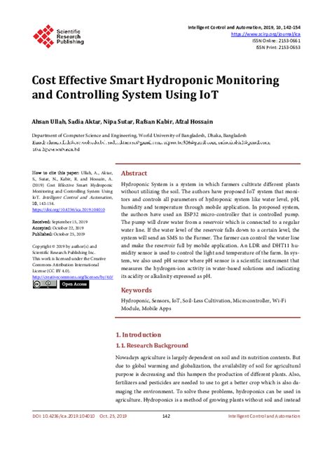 Pdf Cost Effective Smart Hydroponic Monitoring And Controlling System Using Iot