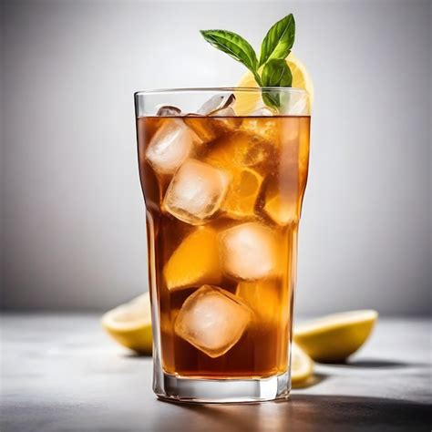 Premium Photo Ice Tea In A Glass With Ice And Lemon On Mixed Background