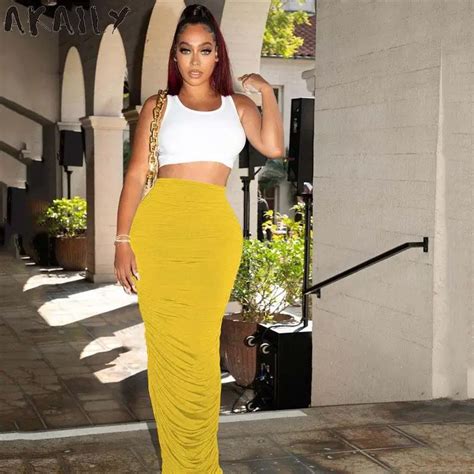 Akaily 가을 Streetwear 블랙 Pleated 치마 여자 2021 높은 허리 스키니 롱 스커트 숙녀 캐주얼 화이트 Drawstring 치마 스커트