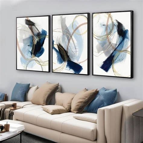 3 Piece Black Franed Abstract Wall Art Blue Paintings Minimalist Wall
