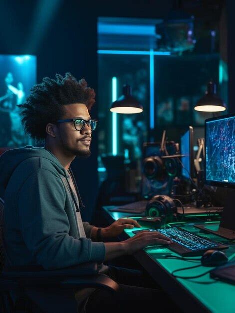 Premium Ai Image Portrait Of African American Developer Using Laptop