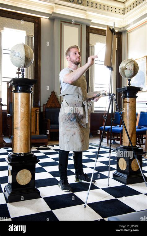 Artist Jacques Viljoen Pictured Working In Freemasons Hall In Central