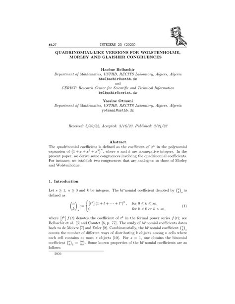 Pdf Quadrinomial Like Versions For Wolstenholme Morley And Glaisher