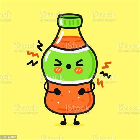 귀여운 화난 병 차가운 음료 캐릭터 벡터 손으로 그린 만화 카와이 캐릭터 일러스트 레이 션 아이콘 노란색 배경에 고립되어 있습니다 슬픈 병 차가운 음료 캐릭터 개념 0명에
