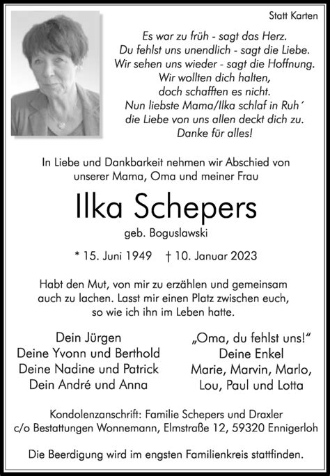 Traueranzeigen Von Ilka Schepers Trauerdie Glockede