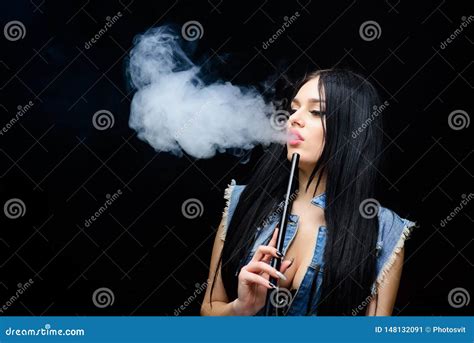 Hookah Bar Electronic Cigarette Woman Smoking Cigar Exhale Smoke On
