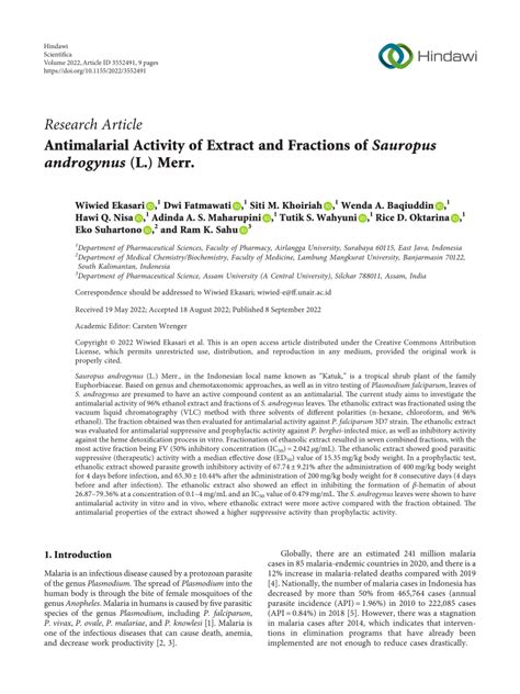 Pdf Antimalarial Activity Of Extract And Fractions Of Sauropus