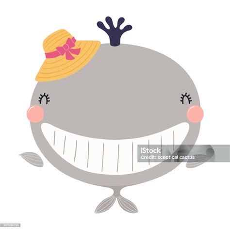 밀짚 모자 만화 캐릭터 일러스트에 귀여운 고래 손으로 그린 스칸디나비아 스타일의 평면 디자인 고립 된 벡터 어린이 여름 인쇄