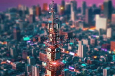 Close Up Of 5g Network Tower With Cityscape Background Stock Illustration Illustration Of