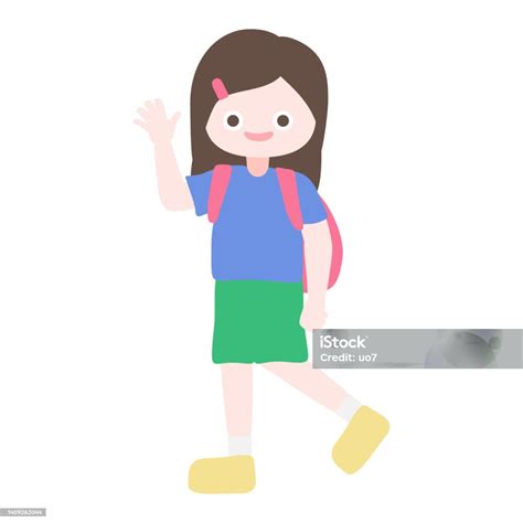 만화 귀여운 어린 소녀가 걷고 그녀의 친구에게 손을 흔든다 학교 시리즈로 돌아 오는 아이 흰색 배경 벡터 일러스트레이션