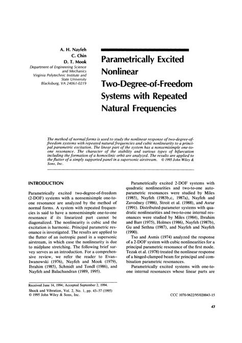 Pdf Parametrically Excited Nonlinear Two Degree Of Freedom Systems With Repeated Natural