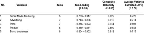 results of items loading composite reliability and average variance