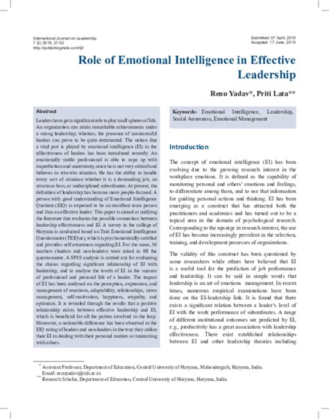 Pdf Role Of Emotional Intelligence In Effective Leadership