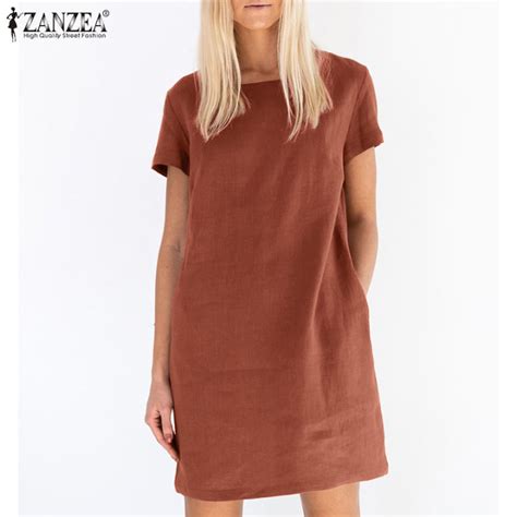 Zanzea Womens Summer Short Sleeve Solid Color Dress Loose Cotton Mini
