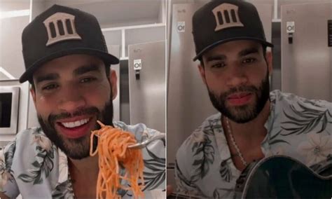 Gusttavo Lima aparece comendo macarrão e canta para os fãs em live F5