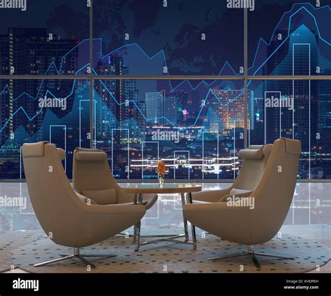 lobby area of a hotel which can see trading graph on the cityscape at