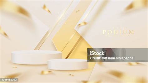 반짝이는 황금 대각선과 흐릿한 리본 스타일 요소 3d 사실적인 럭셔리 스타일 배경으로 포디움을 연출합니다 세일에 대한 스톡 벡터 아트 및 기타 이미지 Istock