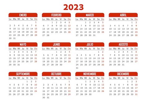 Taschenkalender für das Jahr 2023 Spanisch Rot horizontal Premium Vektor