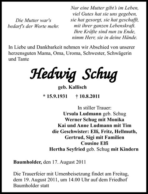 Traueranzeigen Von Hedwig Schug Rz Trauerde