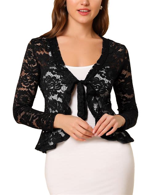 Allegra K Womens Tie Front Ruffled Hem Floral Lace Sheer Shrug Cropped
