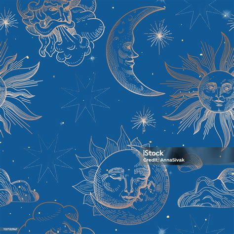 태양 및 달 빈티지 완벽 한 패턴입니다 오리엔탈 스타일 배경 별과 패브릭 벽지 장식 하늘 점성 학 기호 벡터 일러스트 레이 션