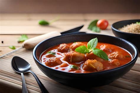 Premium Photo A Bowl Of Tomato Soup With Basil Leaves On The Table