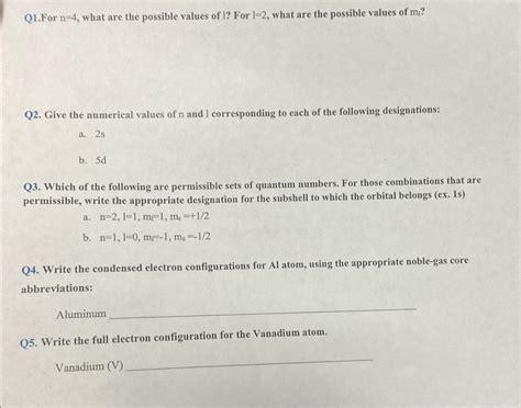 Solved Q For N What Are The Possible Values Of L For Chegg
