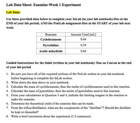 solved lab data sheet enamine week 1 experiment lab data