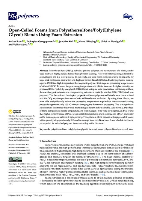 Pdf Open Celled Foams From Polyethersulfone Poly Ethylene Glycol Blends Using Foam Extrusion