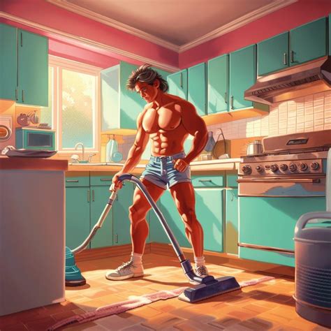 Eighties Style Hunk Pretending To Vacuum Ai Generated Artwork