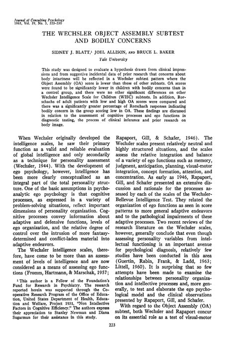 Pdf The Wechsler Object Assembly Subtest And Bodily Concerns