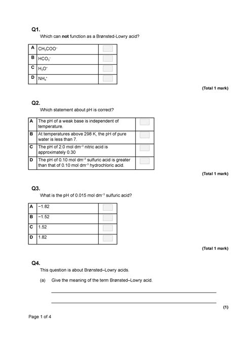 HW Acid and Bases no answers Q Which can not function as a Brønsted Lowry acid A CH COO