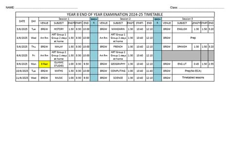 Y8 Eoy Exam Timetable 2024 25 Pdf