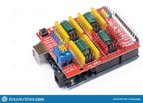 cnc shield arduino uno board on black background close up