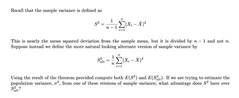 Solved Recall That The Sample Variance Is Defined As Chegg Com