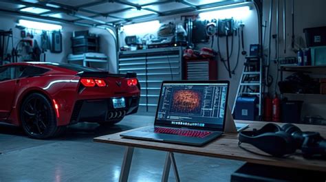 Centered Laptop Computer On A Desk Within A Garage With Corvette In The