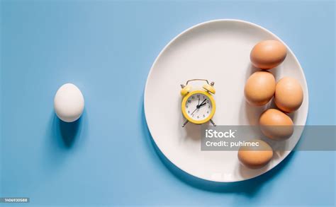 파란색 배경에 계란과 알람 시계가있는 접시가 평평하게 누워 있습니다 0명에 대한 스톡 사진 및 기타 이미지 0명 개념 건강한 생활방식 Istock