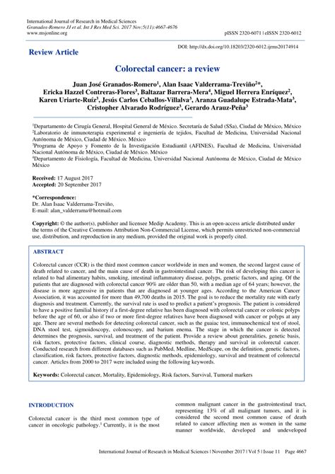 Pdf Colorectal Cancer A Review