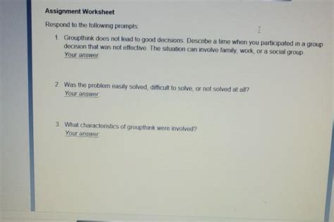 Solved Assignment Worksheet Respond To The Following Prompts