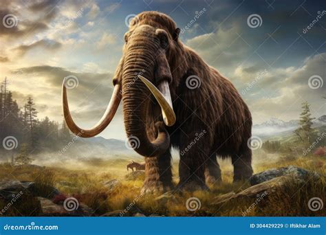 A Majestic Wooly Mammoth Stands In A Vast Field Of Green Grass