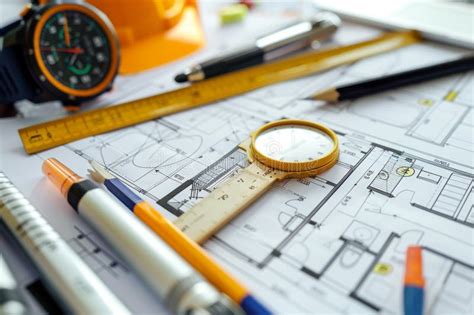 Close Up Of A Construction Blueprint With Various Architectural Tools And A Smartwatch Stock