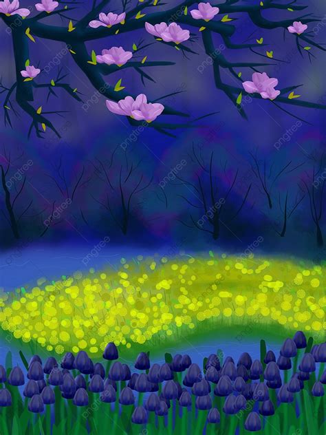 春天夜晚景色手繪插畫 夜色 春天 花朵插畫素材，桌布背景免費下載 免版稅
