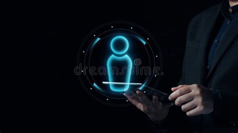 Business Professional Holding Tablet With Digital Interface Displaying Holographic Icons And