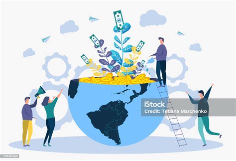 사람들은 행성의 반구에서 꽃의 형태로 돈을 성장 다채로운 벡터 일러스트레이션입니다 개념 기호에 대한 스톡 벡터 아트 및 기타 이미지 개념 기호 개발 공동체 Istock