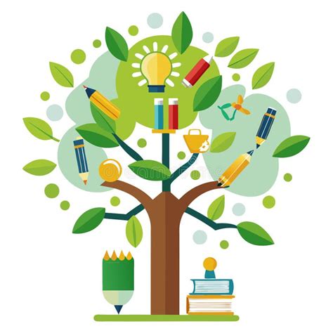 Education Tree Concept Growth Of Ideas And Knowledge With Learning Materials Stock Vector