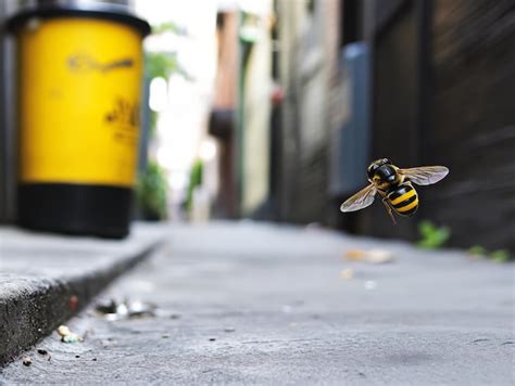 Bee In Flight In Urban Alley Premium Ai Generated Image