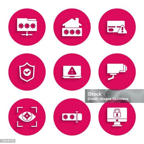 느낌표 암호 보호 잠금 모니터 보안 카메라 눈 스캔 쉴드 체크 신용 카드 및 폴더 암호 아이콘으로 랩톱을 설정합니다 벡터 Brand Name Smart Phone에 대한