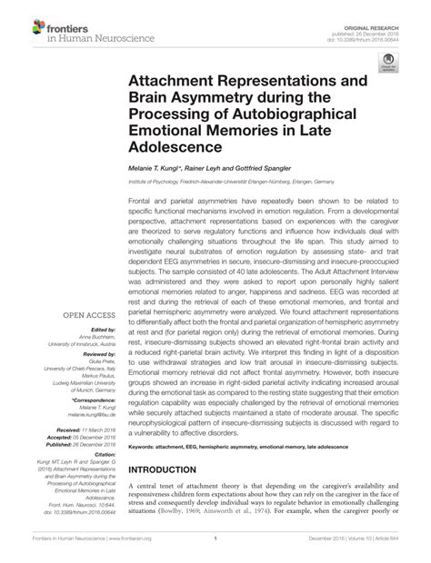 Pdf Attachment Representations And Brain Asymmetry During The
