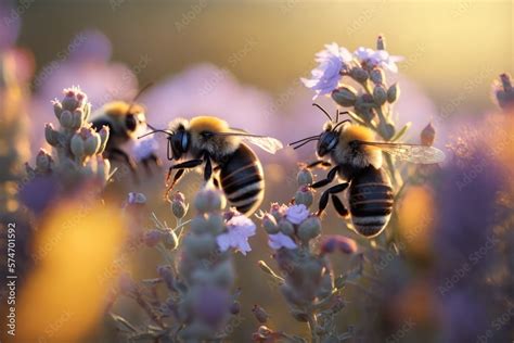 Bees Pollinate Flowers In A Field At Sunset Macro Photography